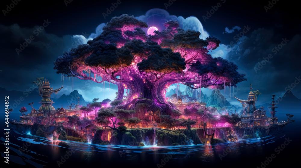 Aerial game arena battleground concept art. Cherry blossoms, columns ...