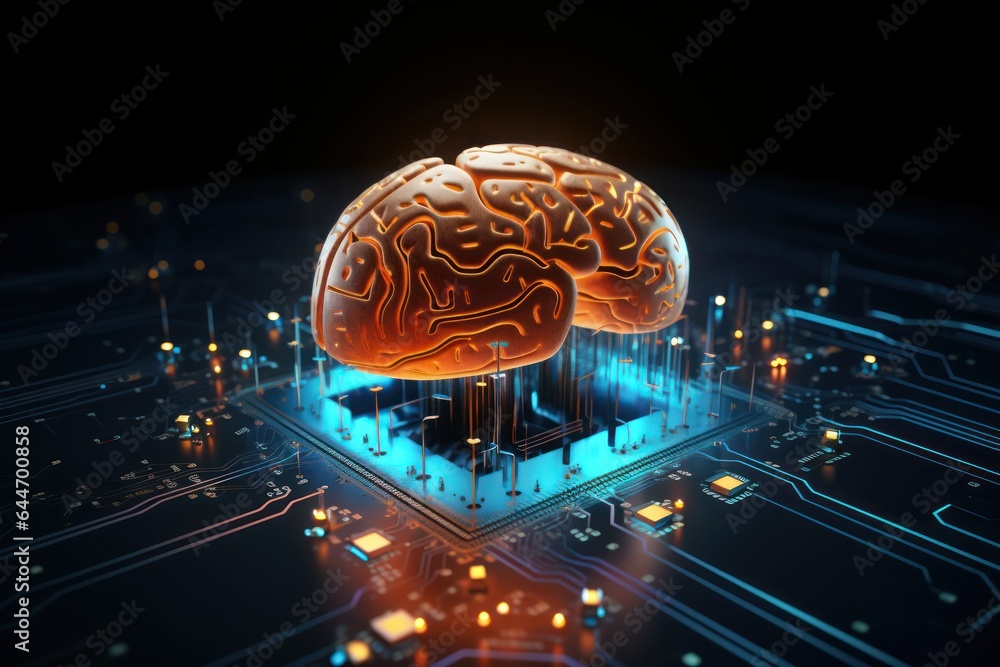 AI brain integrated with a motherboard, creating a neural network that ...