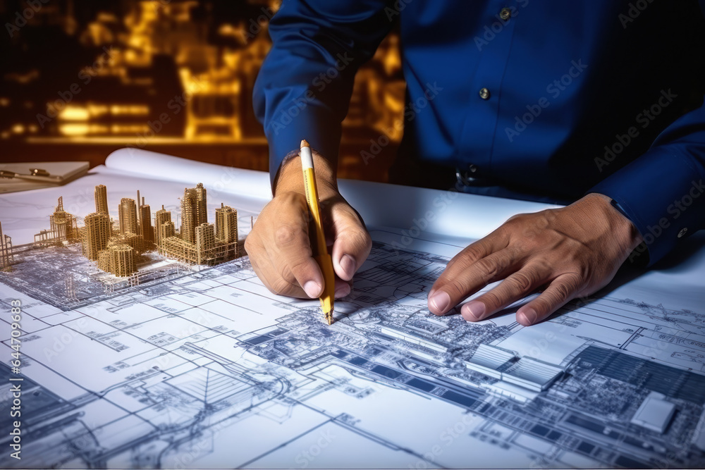 Engineer drawing plan on blueprint. Collaborative professionalism in an ...