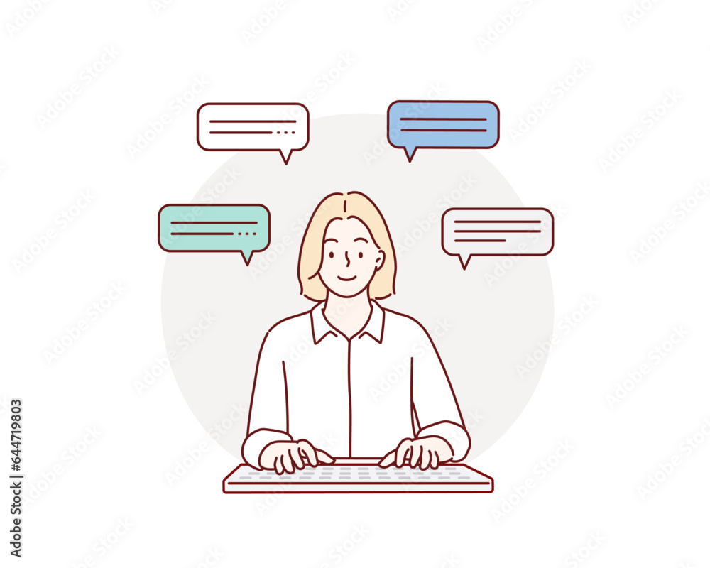 Working at a computer. A woman sitting in front of a monitor and typing ...