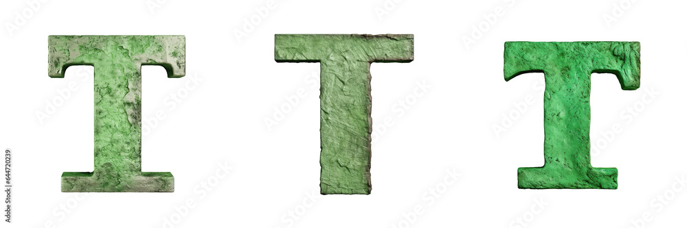 A worn metallic green lowercase letter T with a rustic texture in a ...