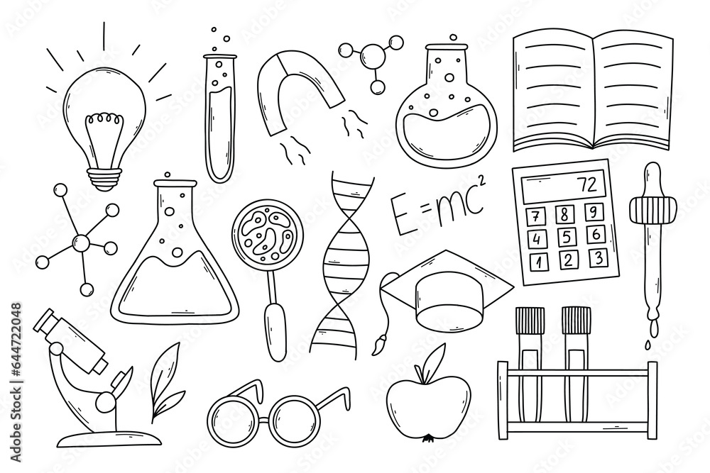Set of science elements in doodle style. Linear collection of ...