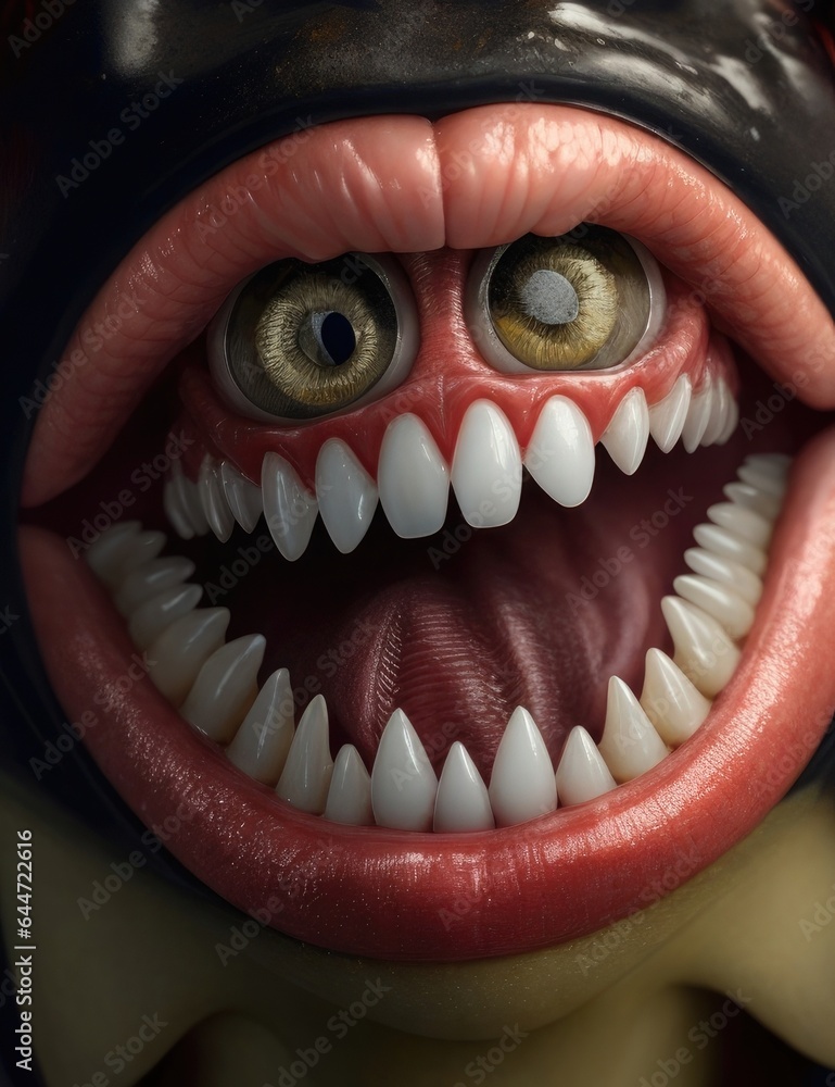 Closeup of scary creature with wide open ugly mouth and teeth. Evil ...