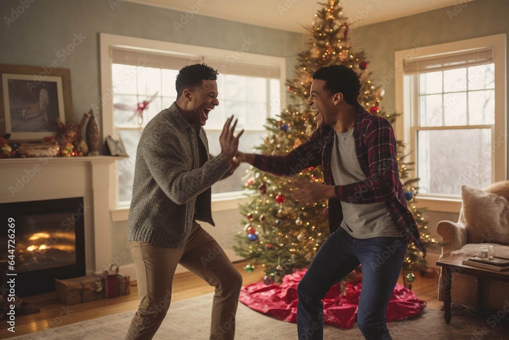 african american male happy gay couple dancing in the living room on ...
