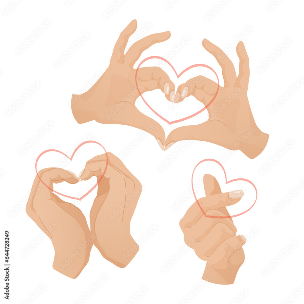 Fingers folded in shape of heart vector illustrations set. Woman making ...