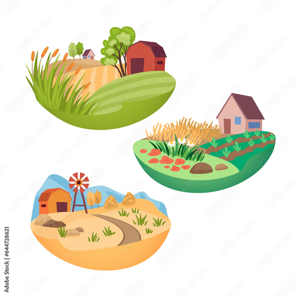 Farmland during different seasons vector illustrations set. Countryside ...