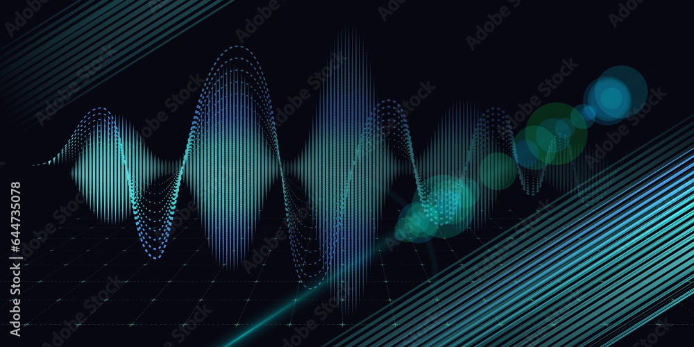 Abstract background with blue sound wave lines on dark. Technologyl ...