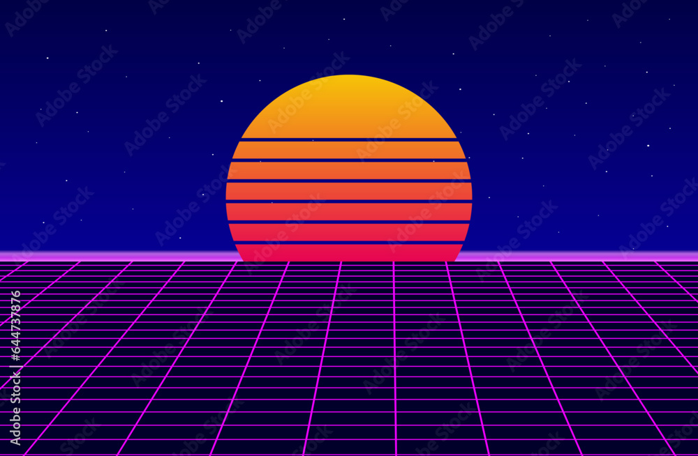 Synthwave background template. 80s, 90s retro sunset backdrop. Neon ...