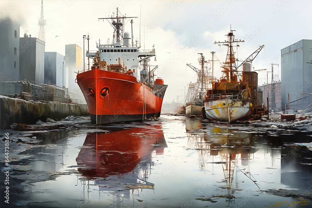 Abandoned cargo ship awaiting repair in the port. The ship is waiting ...