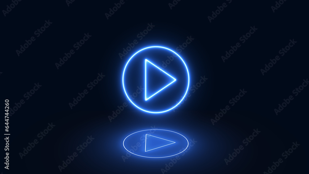 Blue play button on black background. Start button. Neon glowing play ...