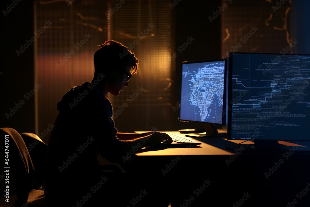 it specialist silhouette. computer code. Faceless male it specialist in ...