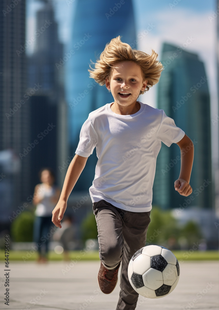Young boy playing football in the local park Stock Photo | Adobe Stock