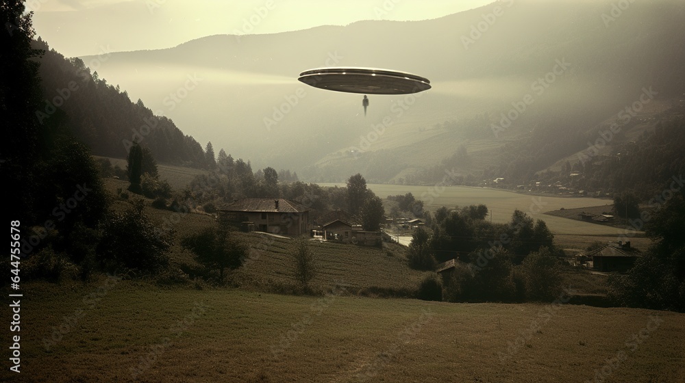 Generative AI, UFO over the Italian landscape vintage photo, aliens ...