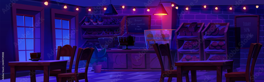 Night bakery shop interior with counter cartoon background. Lamp glow ...
