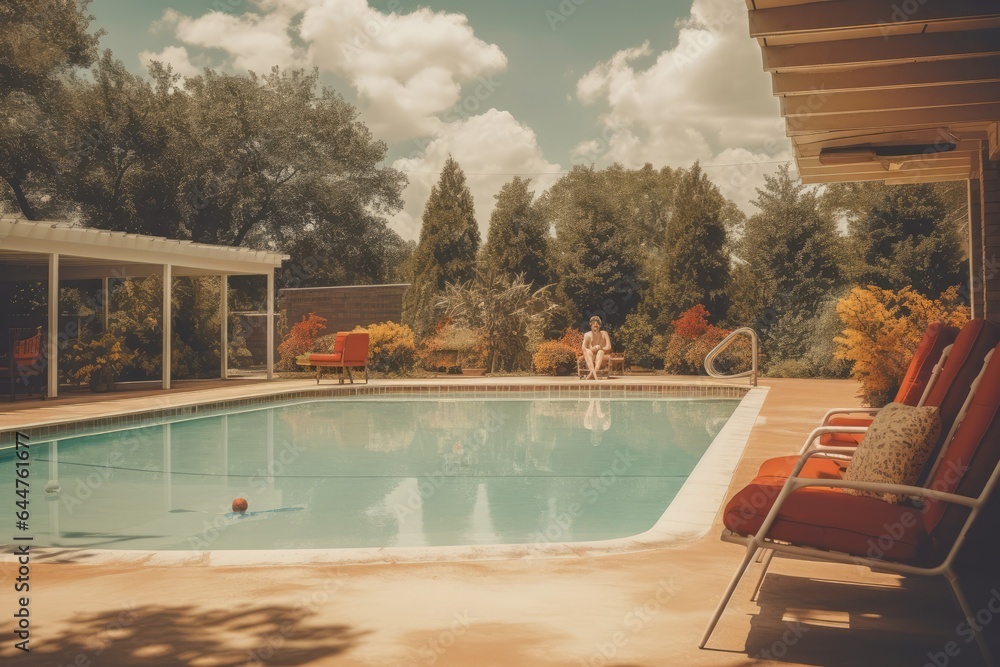 Fictional Character Created By Generated AI.Swimming pool in suburban ...