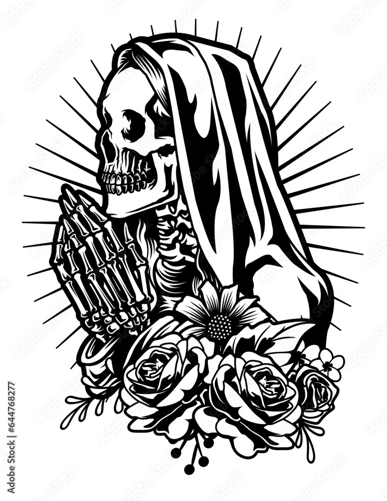 Skeleton Woman Praying Vector, Floral Prayer Skull Illustration, Day of ...