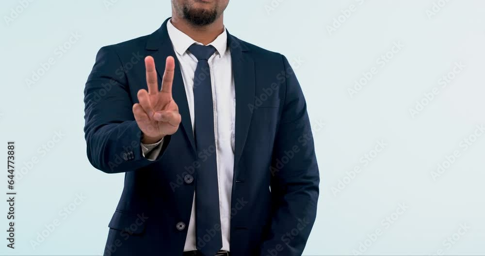 Corporate, hand and person with a peace sign on a white background for ...