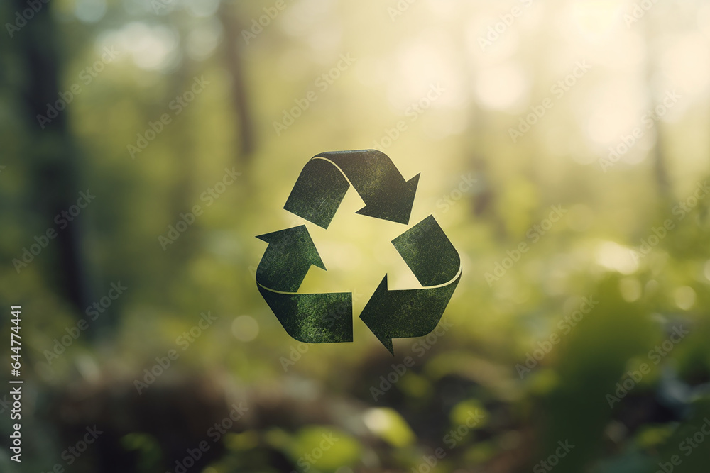 Green triangular eco recycle icons on blurred forest background to ...