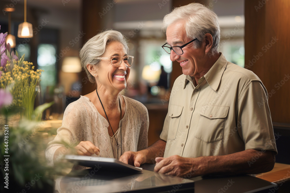 Happy couple of seniors checking in through tablet in the hotel ...