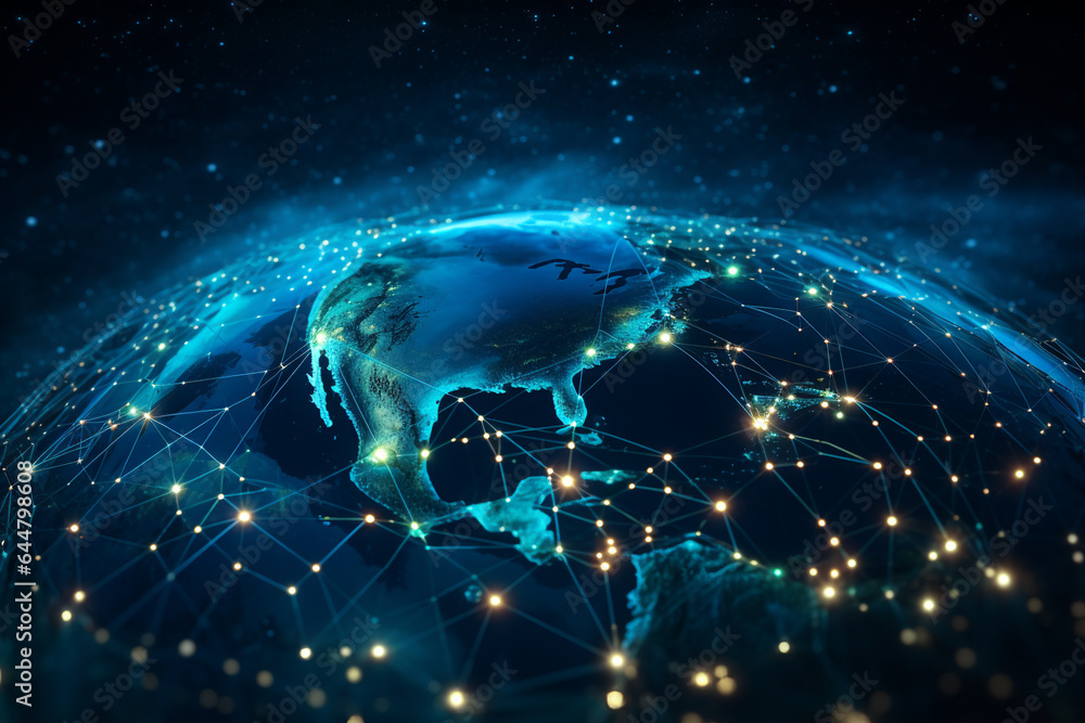 planet Earth at night with lit up countries and digital network ...