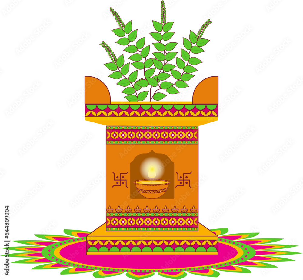 Basil (Tulsi) Pot With Diya On Rangoli Element In Flat Style. Stock ...