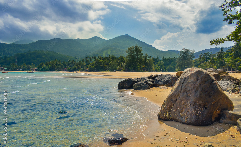 Sandy beach on tropical malaysian island tioman with crystal clear ...