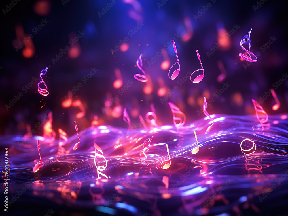 Floating musical notes on an abstract purple background with flares ...