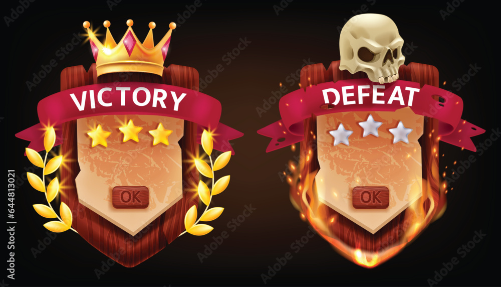 3D victory defeat game badge wooden shield award, vector medieval RPG ...