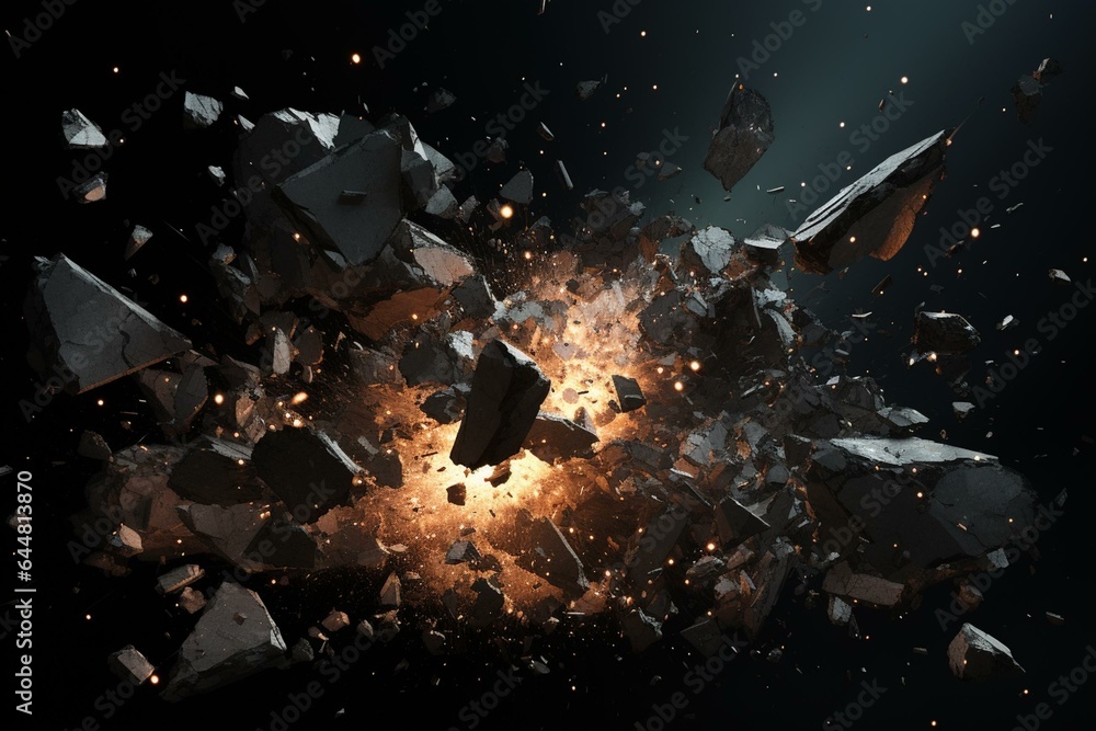 black background with exploding debris, light illuminating debris in ...