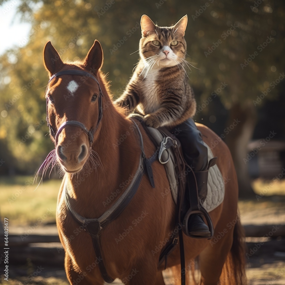 Cat on horse wearing saddle, a funny and adorable image. Generative AI ...