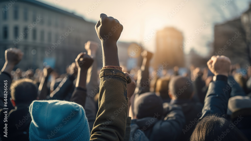 Close-up shots of protesters raising their fists in solidarity, a ...