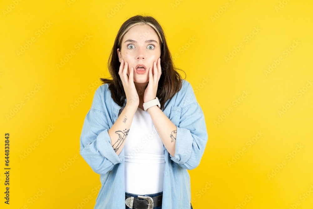 Stupefied Beautiful woman wearing casual clothes expresses excitement ...