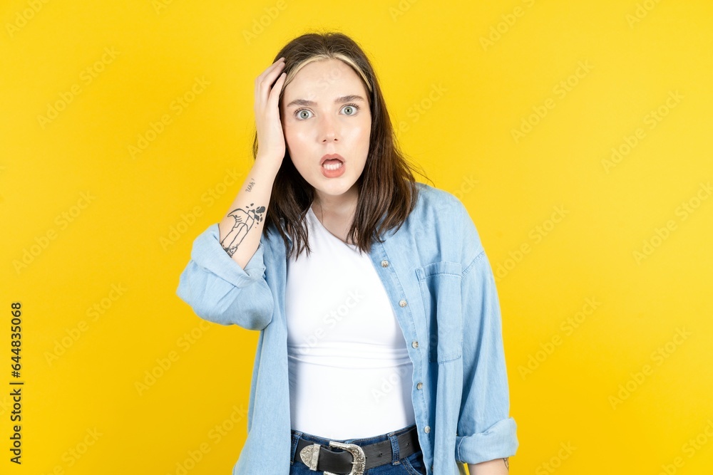 Embarrassed Beautiful woman wearing casual clothes with shocked ...