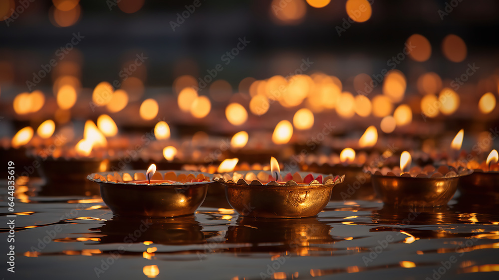 the serene beauty of diyas floating on water, as commonly seen during ...