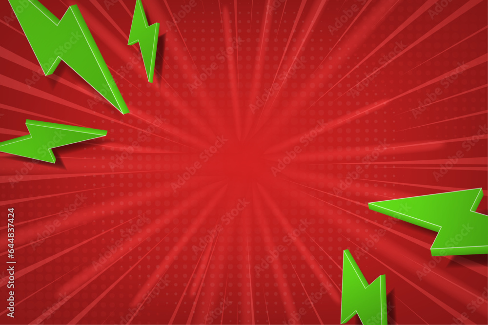 Red Comic Burst Background with halftone effect and 3d thunder symbols ...