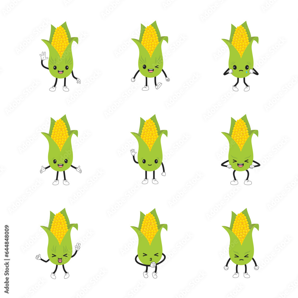 Set of cartoon emoticon corn cob. Kawaii emoji collection of different ...