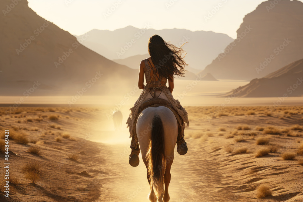 Native american woman riding a horse in the wild west desert, young ...