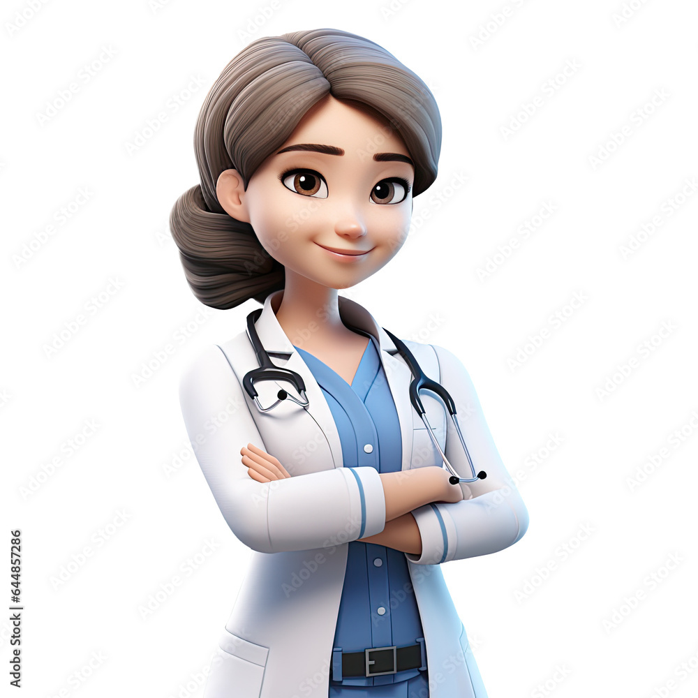 3D Happy cartoon female doctor. Cartoon doctor on transparent ...