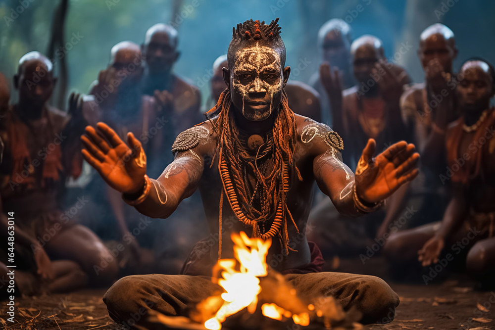 Portrait of the leader of an African tribe sitting by the fire. Stock ...