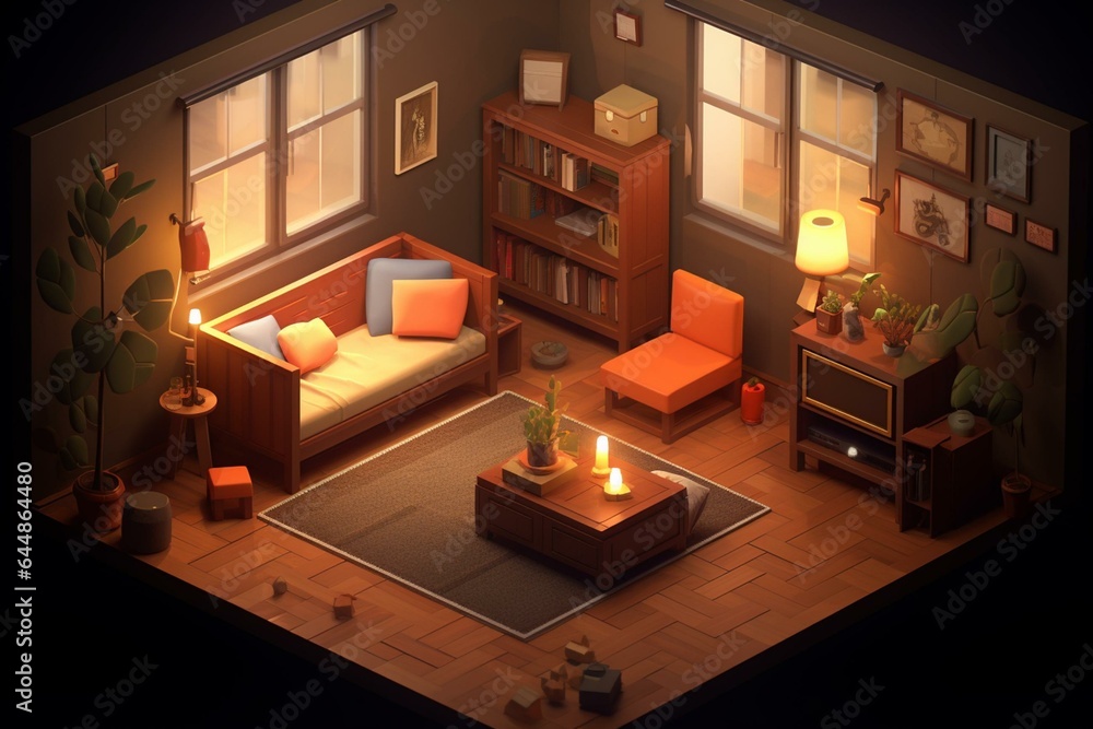 Cozy isometric room with gentle lighting. Generative AI Stock ...