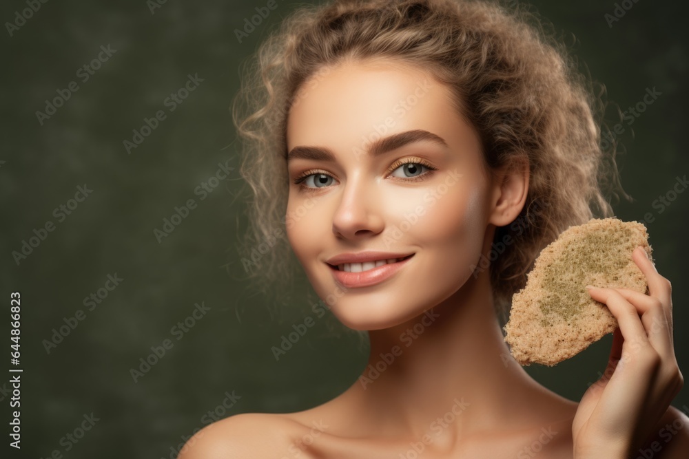 Young brown haired woman with a well-groomed face holding porous ...