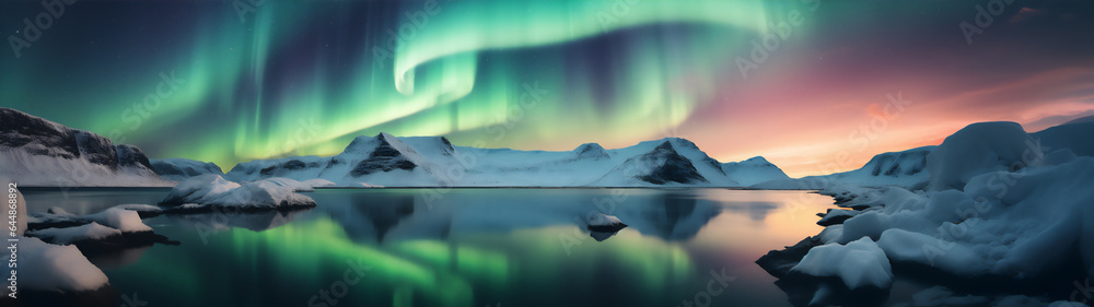 a scenic view from in north pole at the night, sky with aurora, polar ...