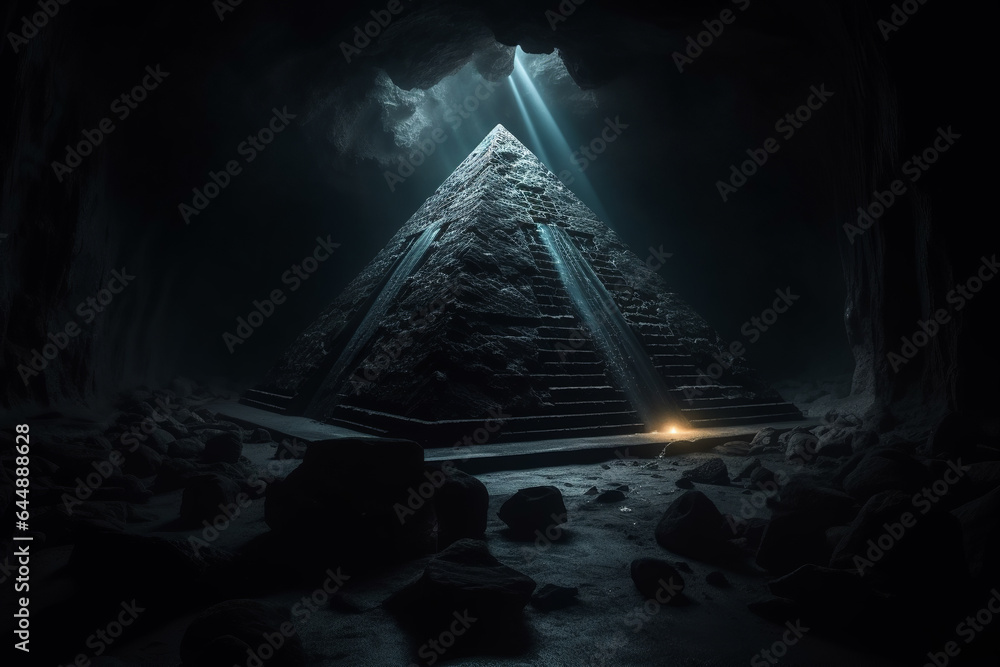 An enigmatic and otherworldly scene of an illuminated black pyramid ...