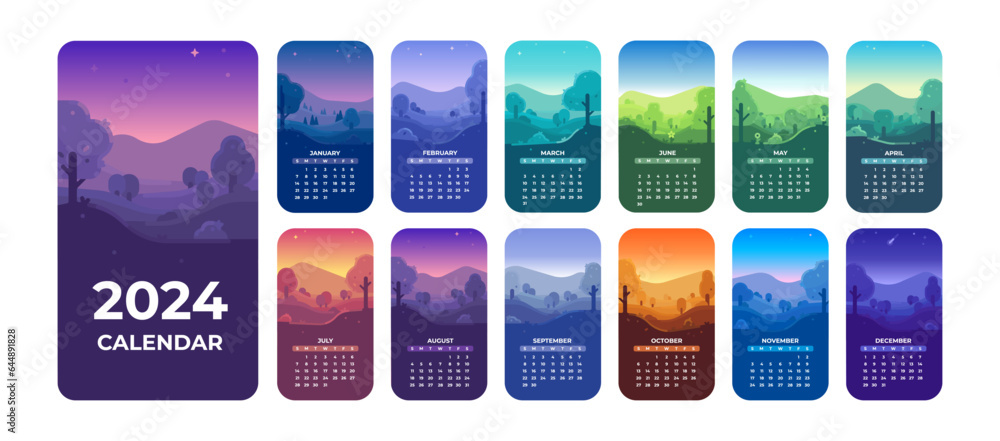 Horizontal design of 2024 calendar with landscapes. Vertical ...