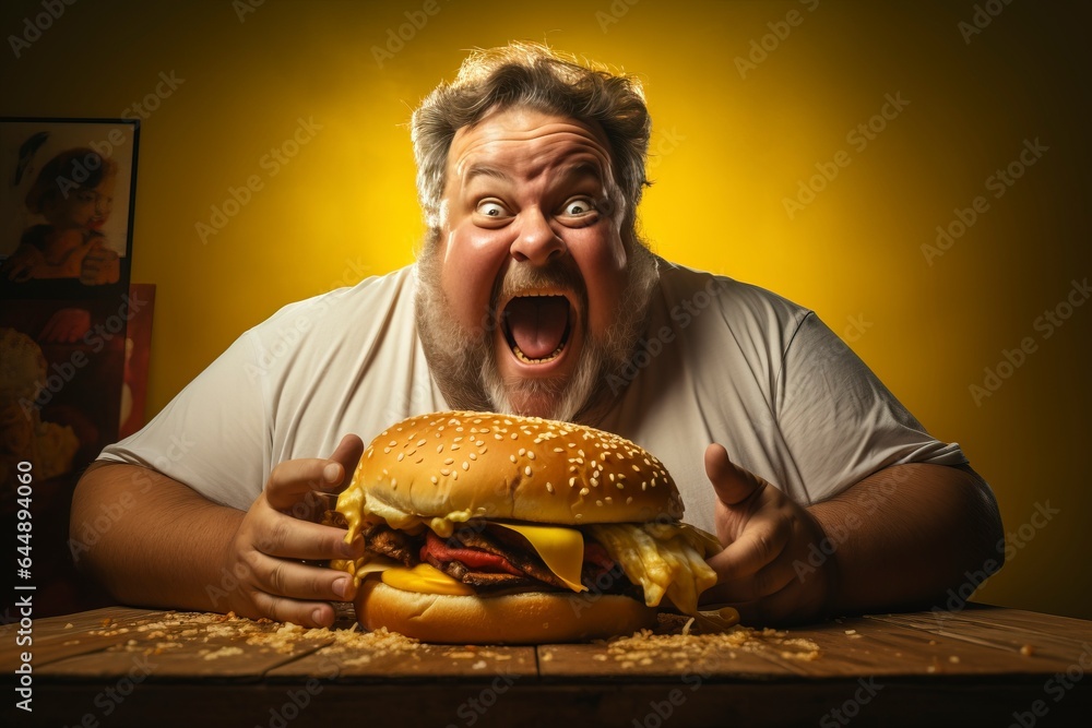 An overweight man indulging in a massive burger, highlighting the issue ...