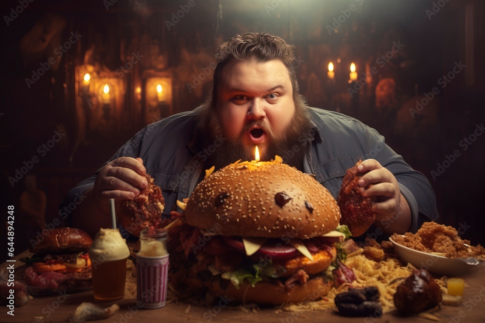 An overweight man indulging in a massive burger, highlighting the issue ...