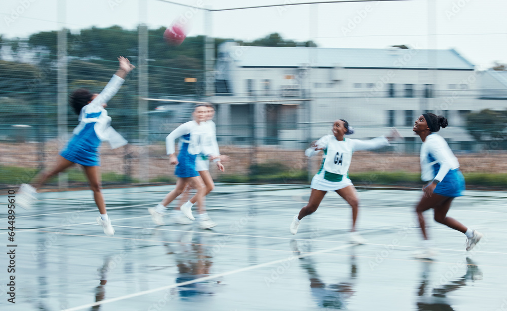 Sports, netball team player and women running, cardio or challenge for ...