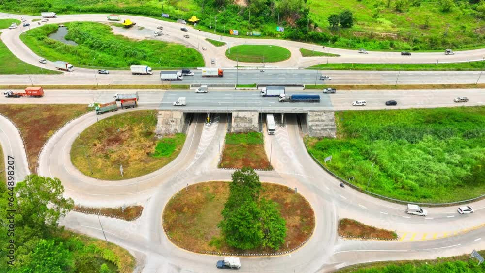 Aerial view of a dogbone interchange, a highway junction resembling a ...