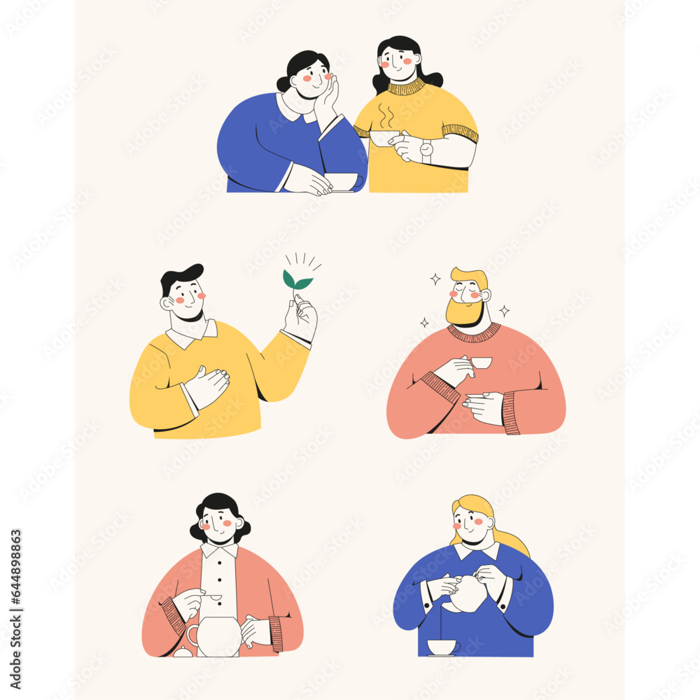 Set of various characters drinking tea. Cartoon hand-drawn comic style ...