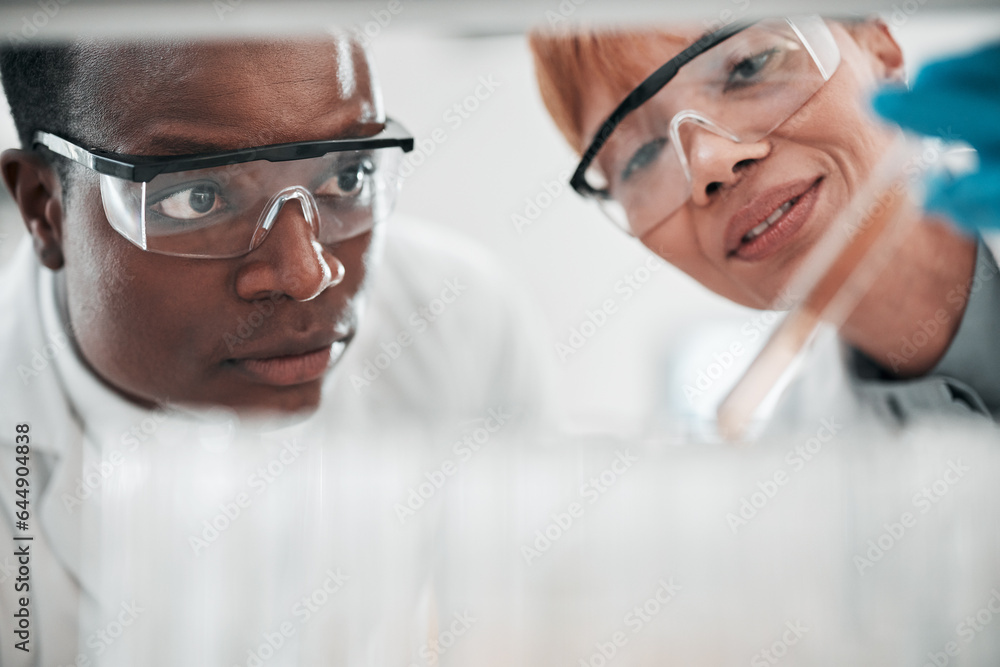 Teamwork, medical and scientists with research, test tube and ...